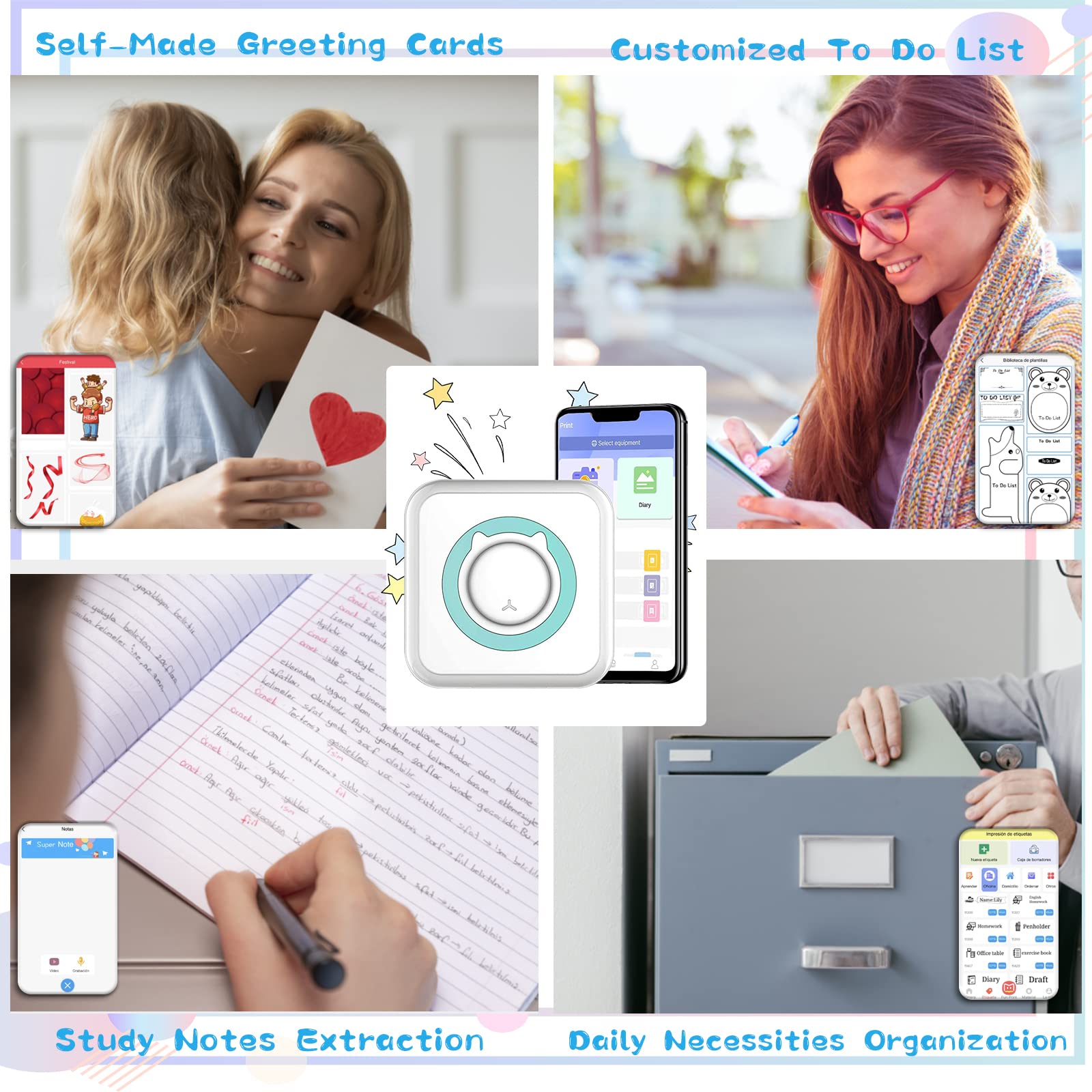 Carpower Mini Printer Portable, Pocket Thermal Printer with 7 Rolls Paper, Bluetooth Wireless Instant Photo Printer Compatible with iOS Android for Picture Receipt Label Note QR Code Inkless Printing