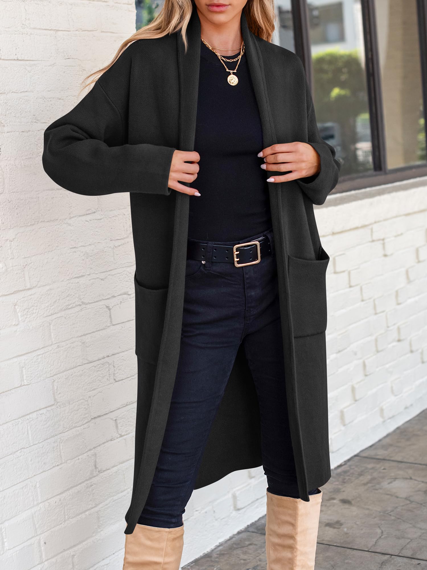 ANRABESS Women's Cardigan Long Sweater Oversized Open Front Knit Duster Coat 2025 Trendy Lady Fall Coatigan Outerwear Black 934heise-XL