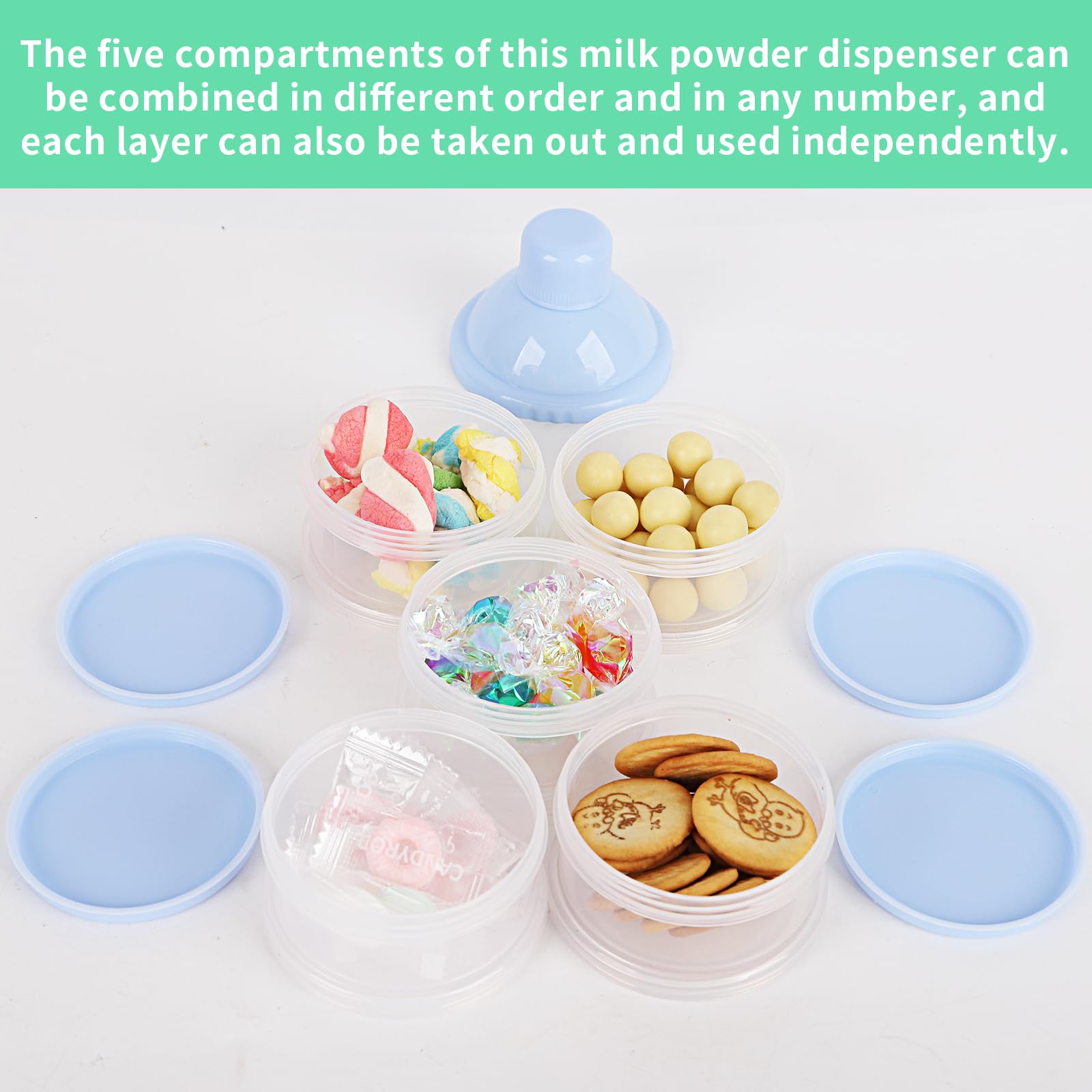 2 PCS 5 Layers Baby Milk Powder Dispenser, Milk Powder Pots, Formula Dispenser Portable Milk Powder Formula Dispenser Container Pot Box Milk Cans Snack Storage Box for Travel (Blue + Blue)