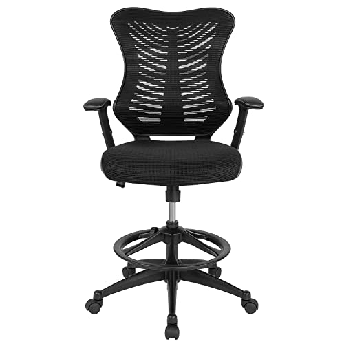 Flash Furniture High Back Designer Black Mesh Drafting Chair with LeatherSoft Sides and Adjustable Arms
