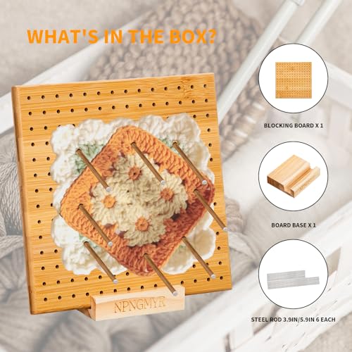 Crochet Blocking Board, Granny Square Blocking Board with 12 Stainless Steel Rod Pins, Gifts for Mothers & Grandmothers & Knitting and Crochet Lovers (Bamboo, 7.8")