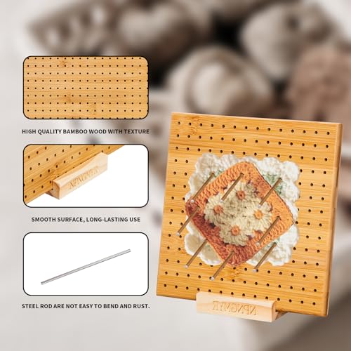 Crochet Blocking Board, Granny Square Blocking Board with 12 Stainless Steel Rod Pins, Gifts for Mothers & Grandmothers & Knitting and Crochet Lovers (Bamboo, 7.8")
