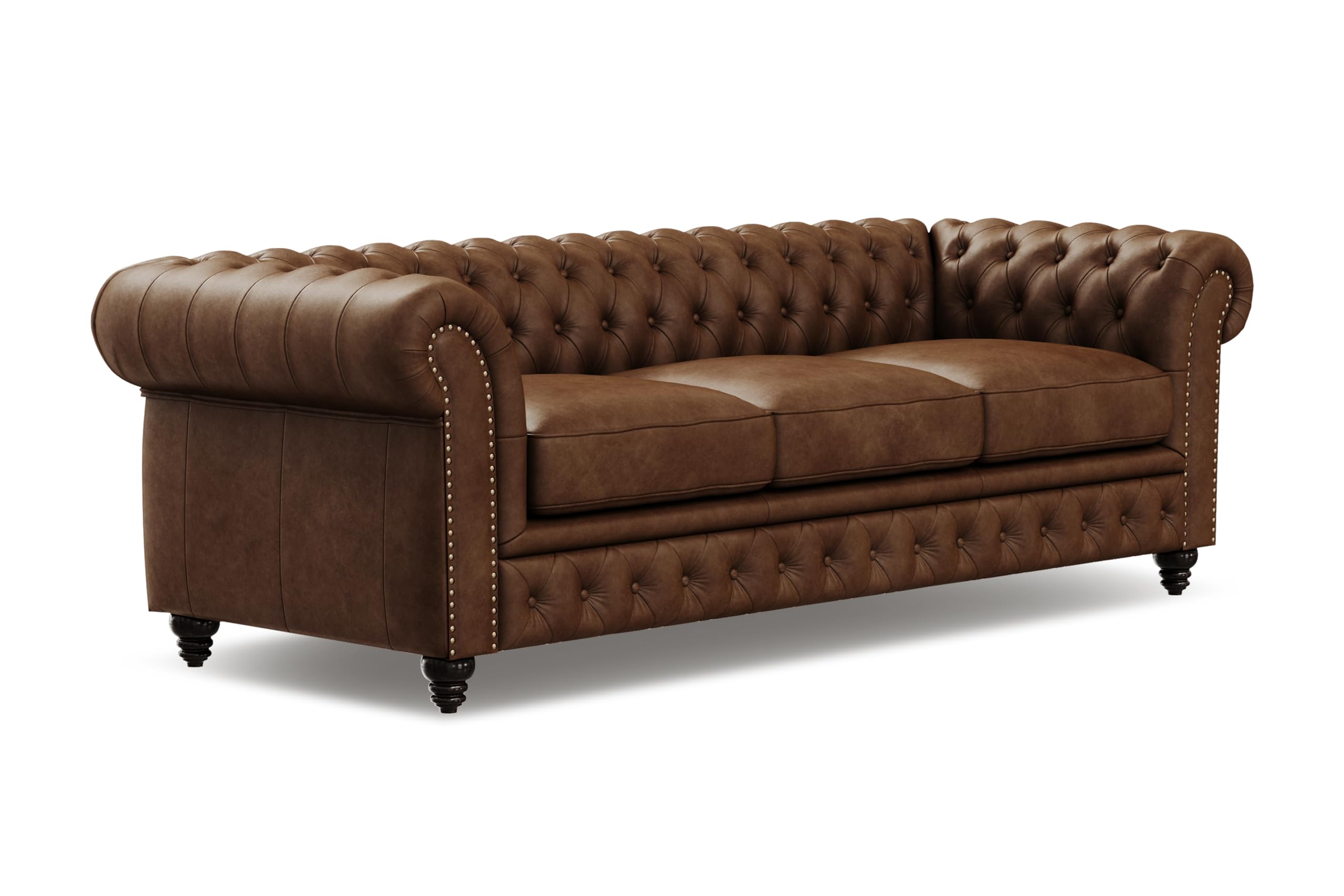Valencia Parma 92" Leather Chesterfield Sofa | Full-Aniline 3 Seats Italian Leather Couch | Artisan Crafted Nailheads | Mid Century Classic Design - Leather Sofa, Chocolate