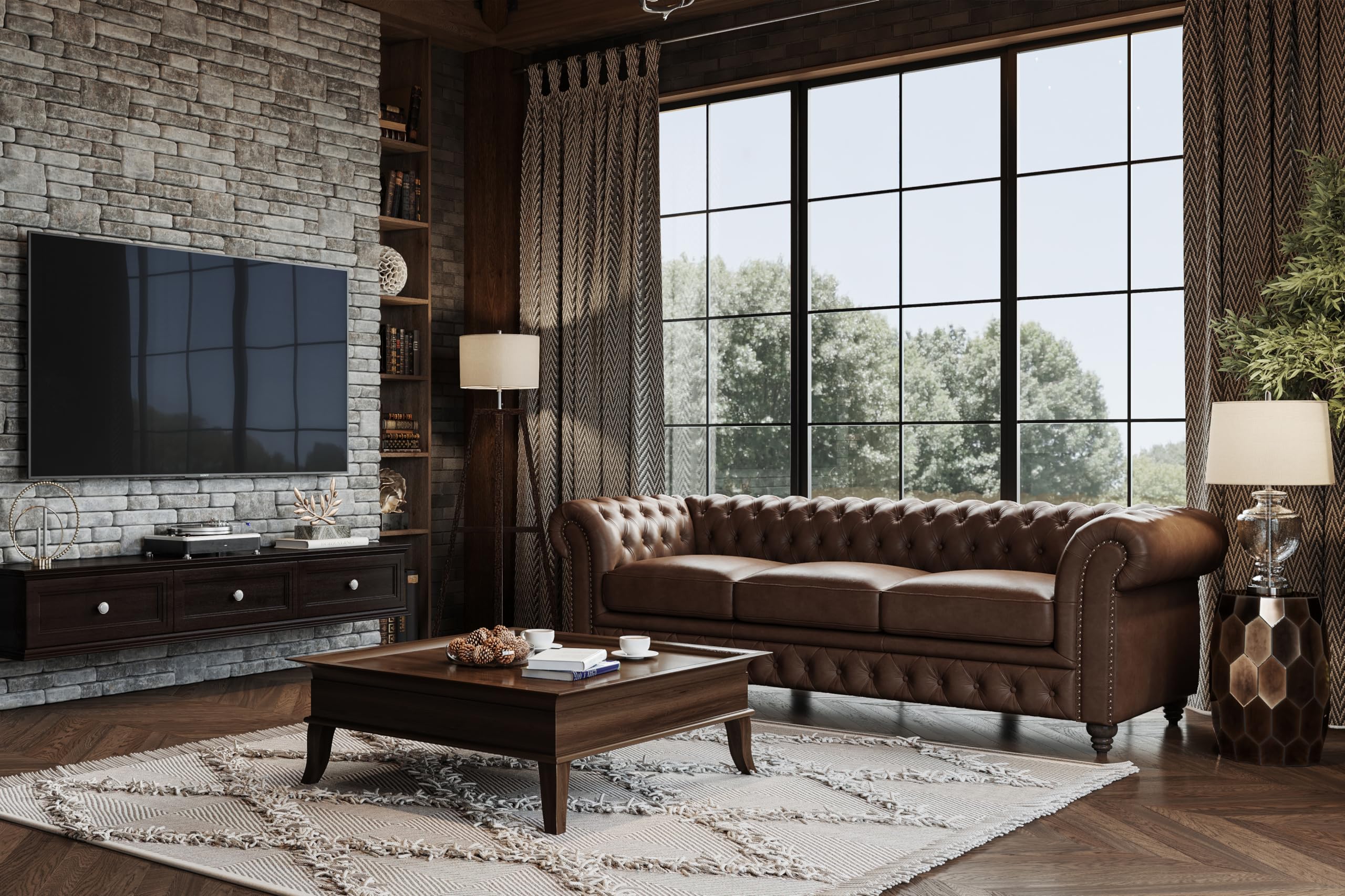 Valencia Parma 92" Leather Chesterfield Sofa | Full-Aniline 3 Seats Italian Leather Couch | Artisan Crafted Nailheads | Mid Century Classic Design - Leather Sofa, Chocolate