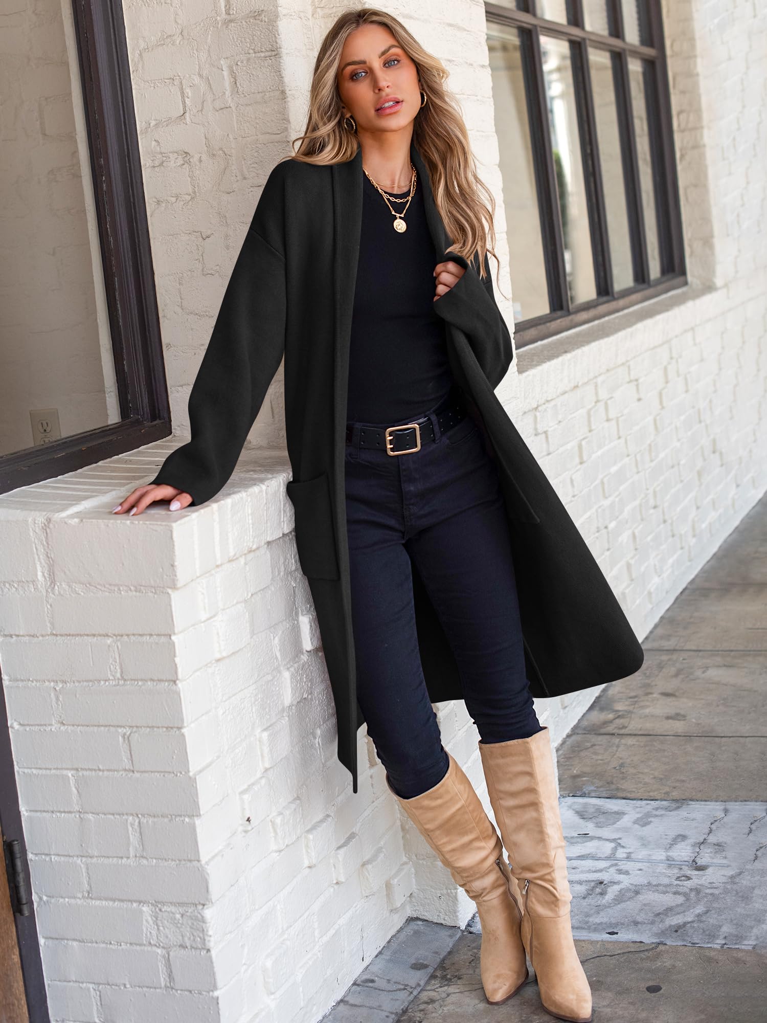 ANRABESS Women's Cardigan Long Sweater Oversized Open Front Knit Duster Coat 2025 Trendy Lady Fall Coatigan Outerwear Black 934heise-XL