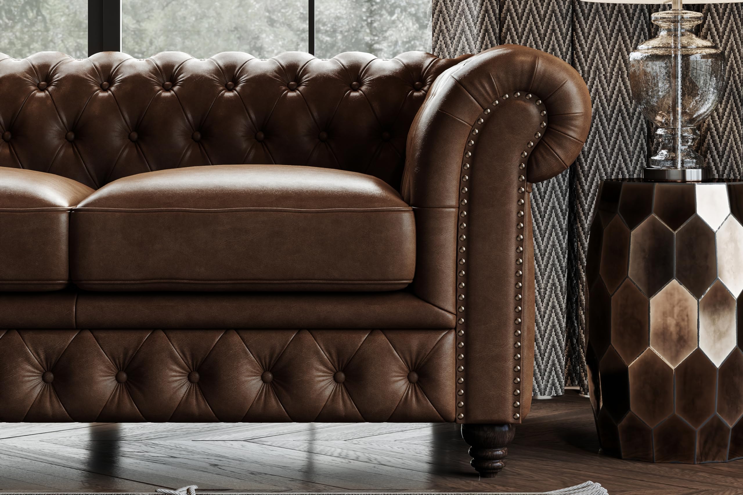 Valencia Parma 92" Leather Chesterfield Sofa | Full-Aniline 3 Seats Italian Leather Couch | Artisan Crafted Nailheads | Mid Century Classic Design - Leather Sofa, Chocolate