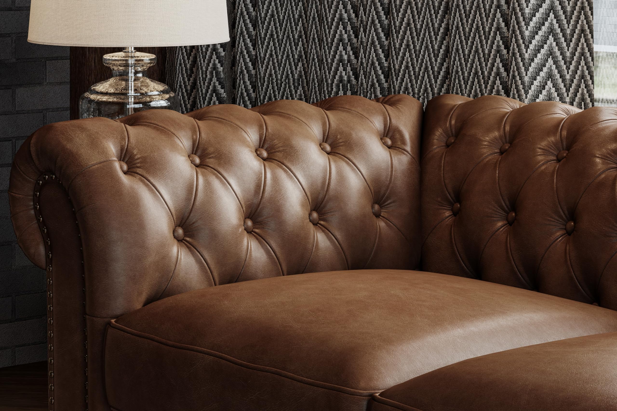 Valencia Parma 92" Leather Chesterfield Sofa | Full-Aniline 3 Seats Italian Leather Couch | Artisan Crafted Nailheads | Mid Century Classic Design - Leather Sofa, Chocolate