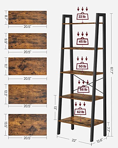 VASAGLE ALINRUĀ 5-Tier Bookshelf, Industrial Bookcase and Storage Rack, Wood Look Accent Furniture with Metal Frame, 22.1 x 13.3 x 67.7 Inches, Rustic Brown