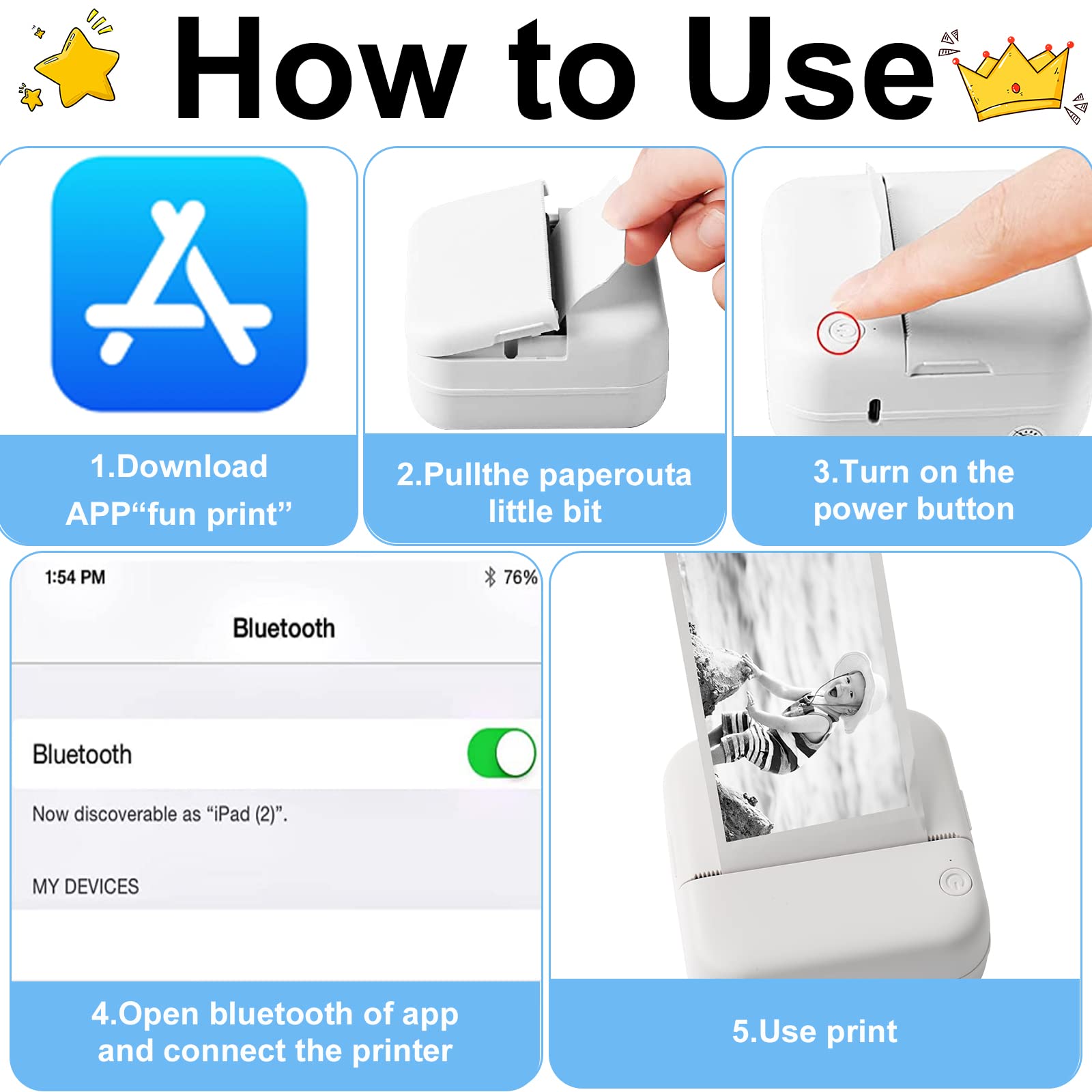 Carpower Mini Printer Portable, Pocket Thermal Printer with 7 Rolls Paper, Bluetooth Wireless Instant Photo Printer Compatible with iOS Android for Picture Receipt Label Note QR Code Inkless Printing