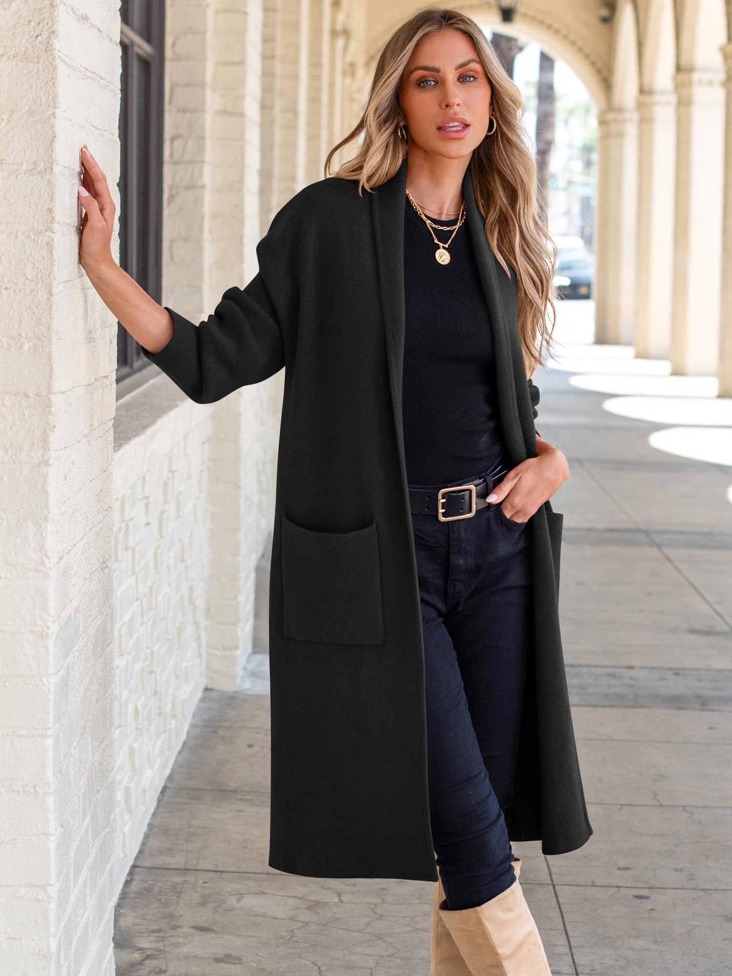 ANRABESS Women's Cardigan Long Sweater Oversized Open Front Knit Duster Coat 2025 Trendy Lady Fall Coatigan Outerwear Black 934heise-XL