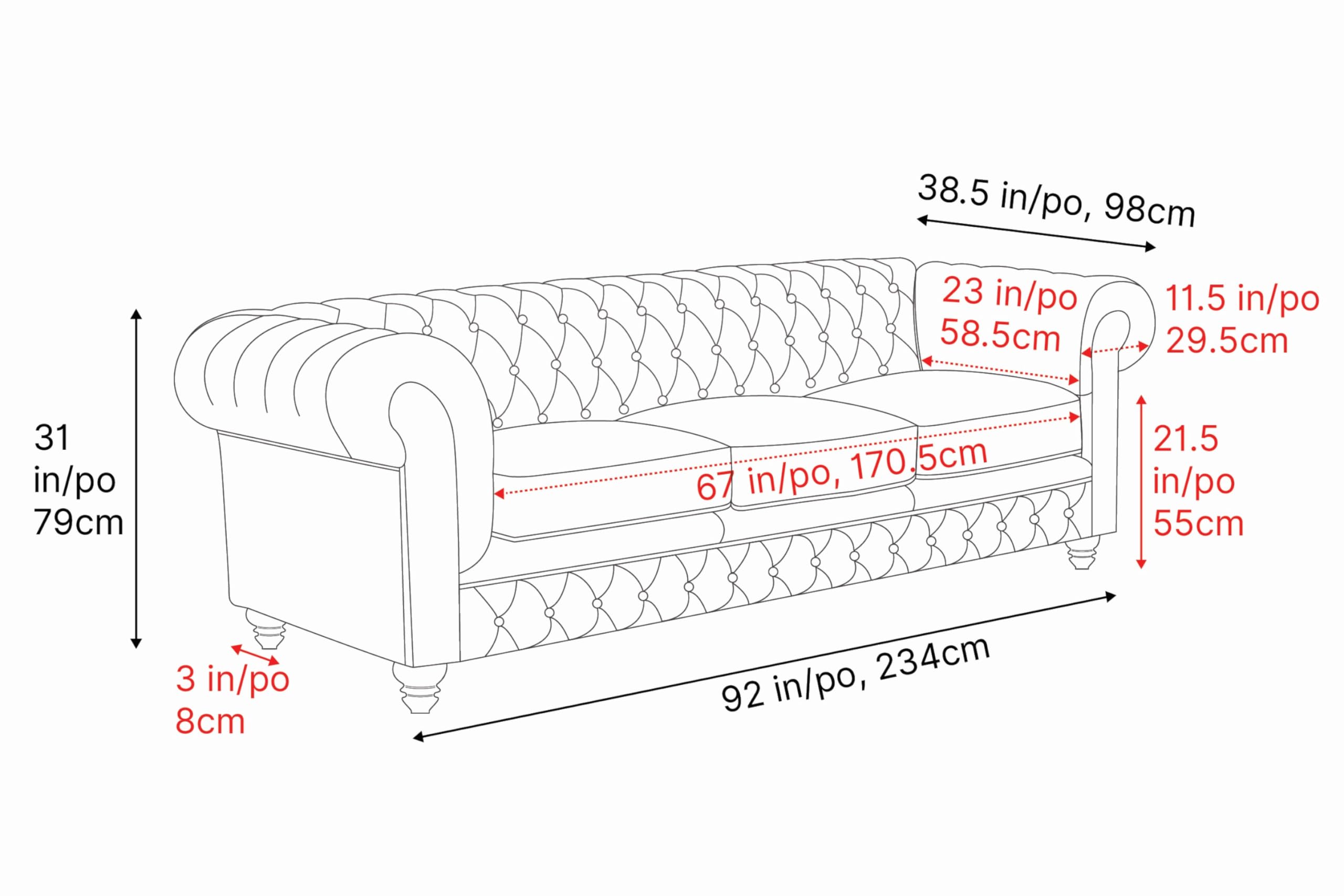 Valencia Parma 92" Leather Chesterfield Sofa | Full-Aniline 3 Seats Italian Leather Couch | Artisan Crafted Nailheads | Mid Century Classic Design - Leather Sofa, Chocolate