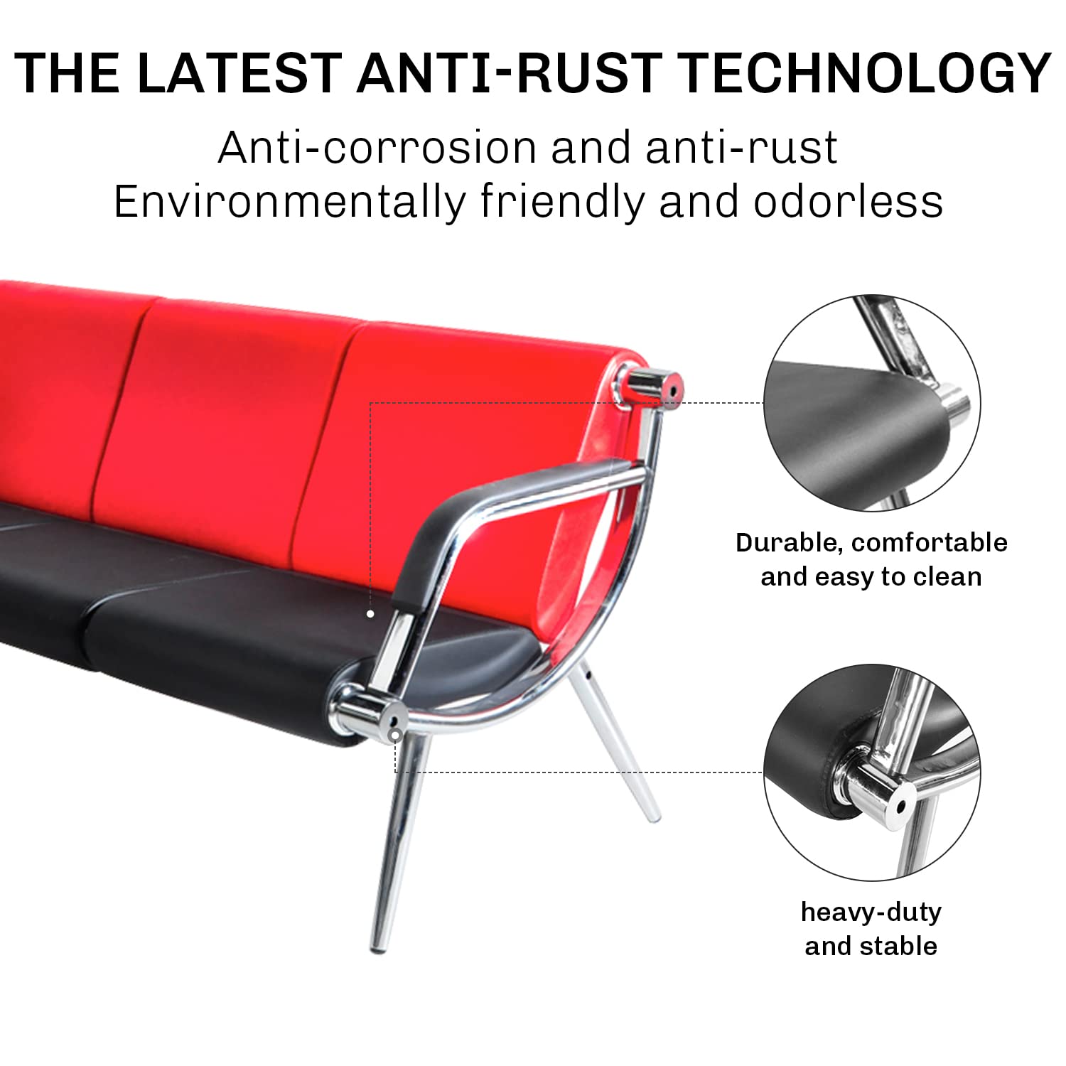 Waiting Room Bench with Armrest 5 Seat Red Black PU Leather Office Furniture Guest Seating Lobby Conference Reception Chair Visitor Guest Sofa for Office Airport Clinic Hospital Bank Salon Barber