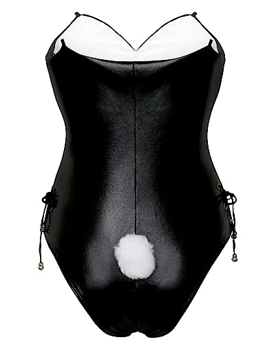 Angelaicos Womens Bunny Costume Set Senpai Cosplay Halloween Roleplay Bodysuit Stockings (PU Black, X-Large)