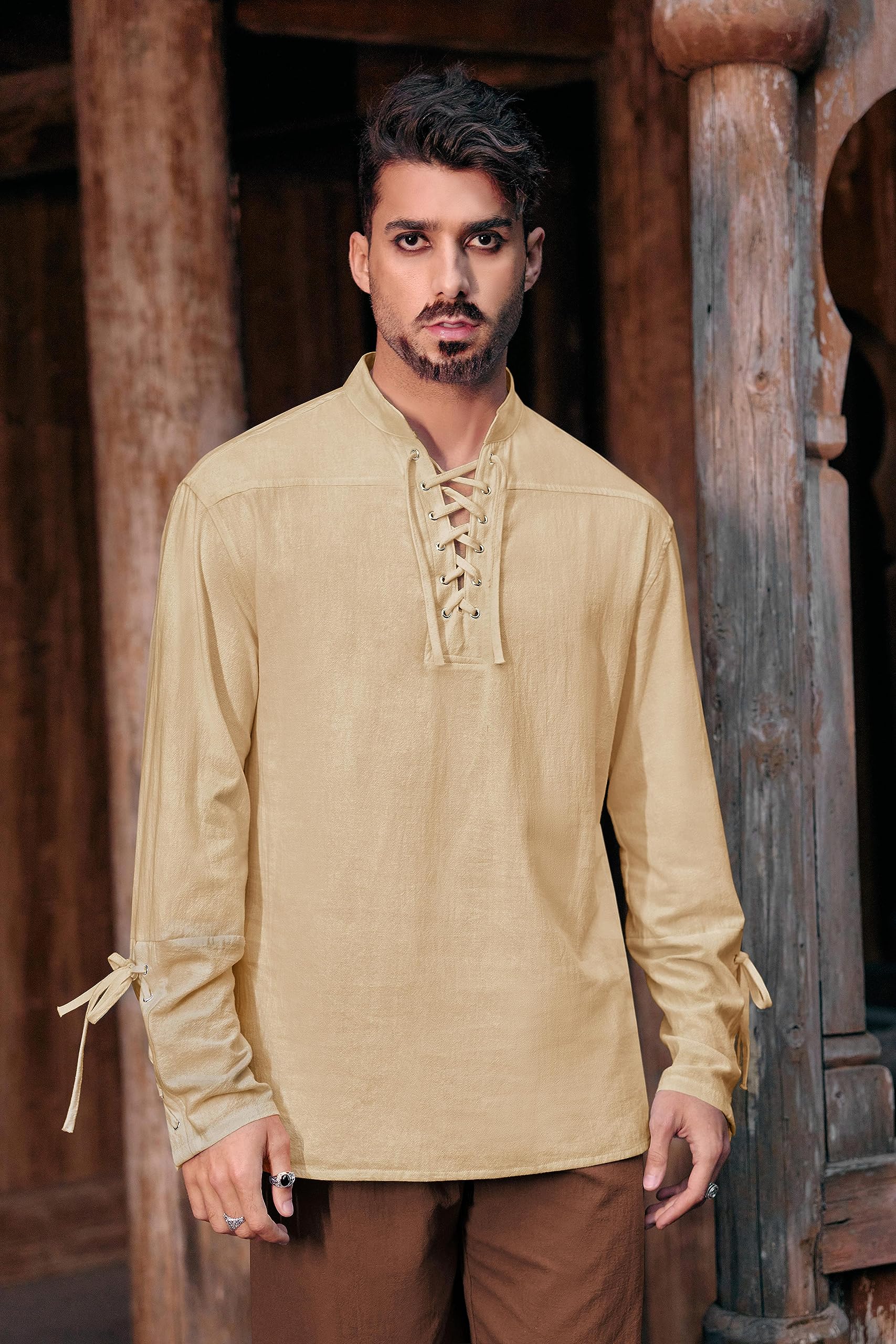 Mens Medieval Pirate Shirt Steampunk Retro Renaissance Viking Long Sleeve Lace Up Mercenary Halloween Scottish Tops Beige
