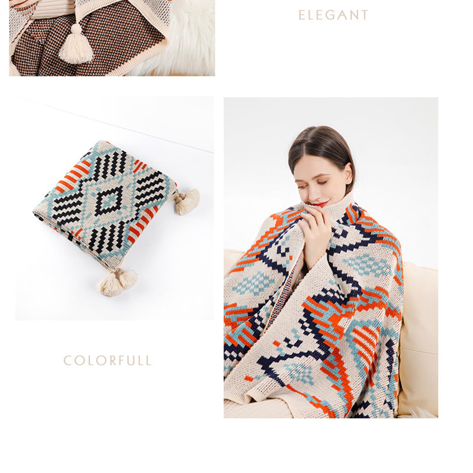 BTFYaHe Boho Chic Knitted Wool Blanket - Versatile Couch and Camping Blanket, Perfect for Fall - Thick Mexican Bohemian Throw-50X60 Inch