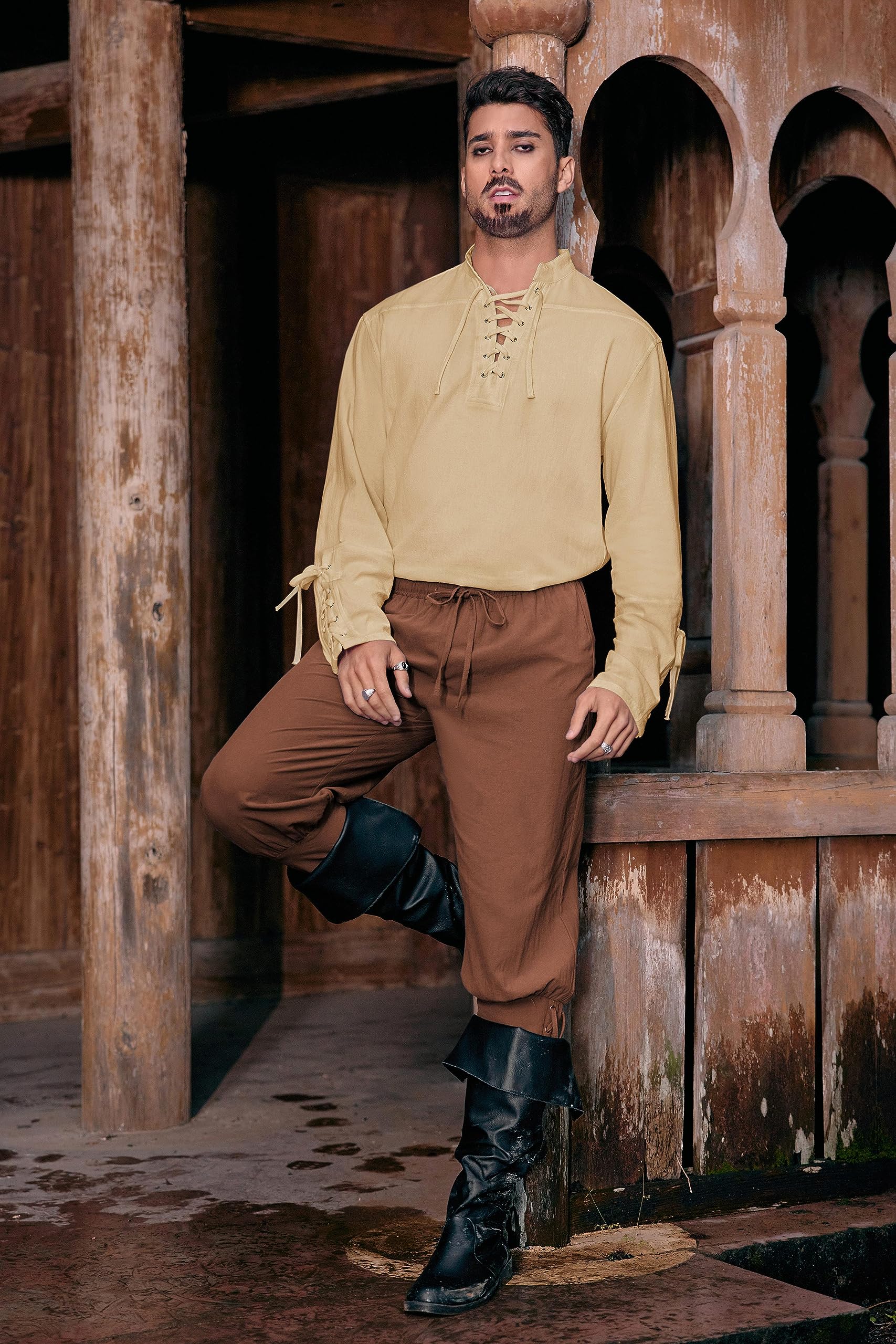 Mens Medieval Pirate Shirt Steampunk Retro Renaissance Viking Long Sleeve Lace Up Mercenary Halloween Scottish Tops Beige