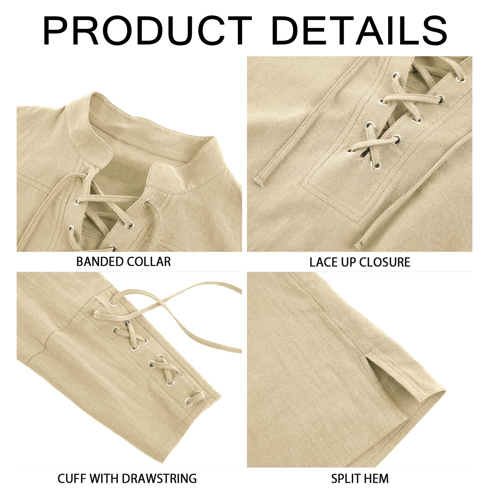 Mens Medieval Pirate Shirt Steampunk Retro Renaissance Viking Long Sleeve Lace Up Mercenary Halloween Scottish Tops Beige