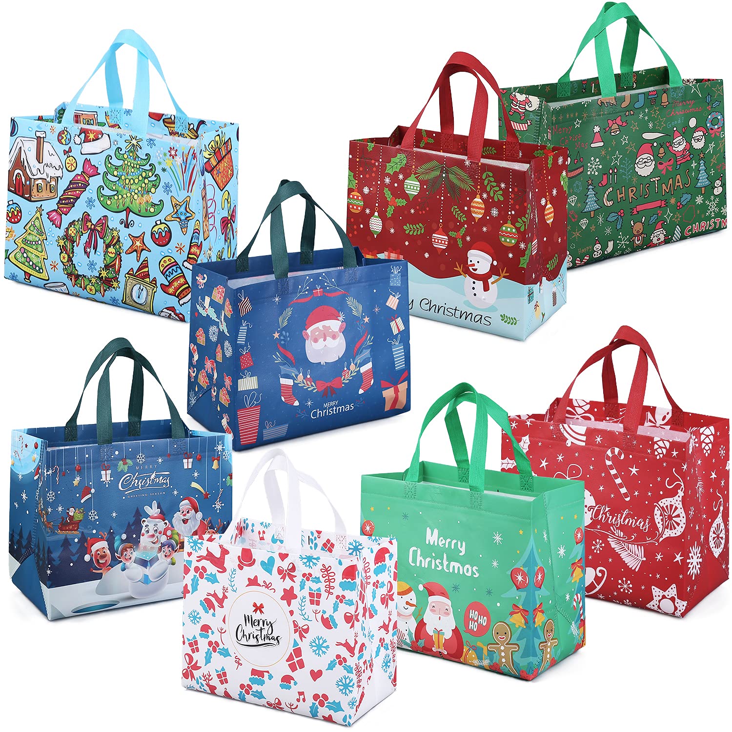PARSUP 8PCS Christmas Gift Bags,Christmas Tote Bags with Handles, Christmas Treat Bags, Multifunctional Non-Woven Christmas Bags for Gifts Wrapping Shopping, Xmas Party Supplies, 12.8"×9.8"×6.7"