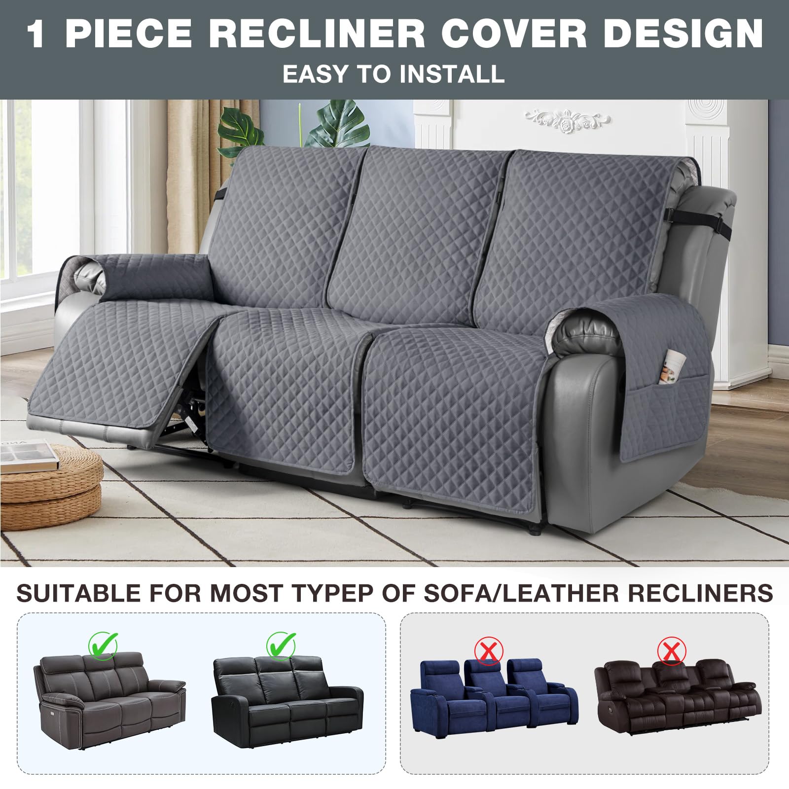TAOCOCO Anti-Slip Recliner Sofa Cover Couch Covers for Leather Recliner Sofa, Pet Cover for Recliner Sofa, Washable Reclining Furniture Protector with Elastic Straps(3 Seater, Dark Grey)