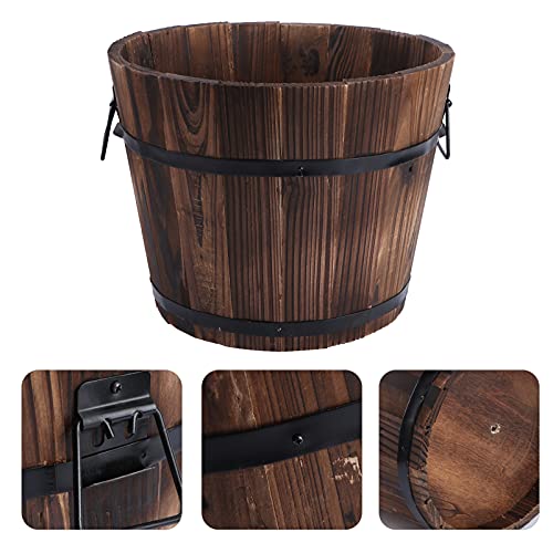 YARDWE Wooden Flower Bucket Rustic Flower Planters Wood Barrels Bucket Plant Pots Boxes Pails Container with Drainage Holes Handles for Patio Garden Backyard