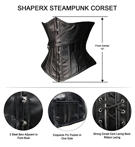 SHAPERX Womens Steampunk Gothic Steel Boned Underbust Waist Training Corsets,SZ1866-Black-S