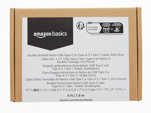 Amazon Basics USB-C to USB-A 3.1 Gen 1 Fast Charger Cable, Nylon Braided Cord, 5Gbps High-Speed for Apple iPhone 16/15, iPad, Samsung Galaxy, Tablets, Laptops, 6 Foot, Dark Gray