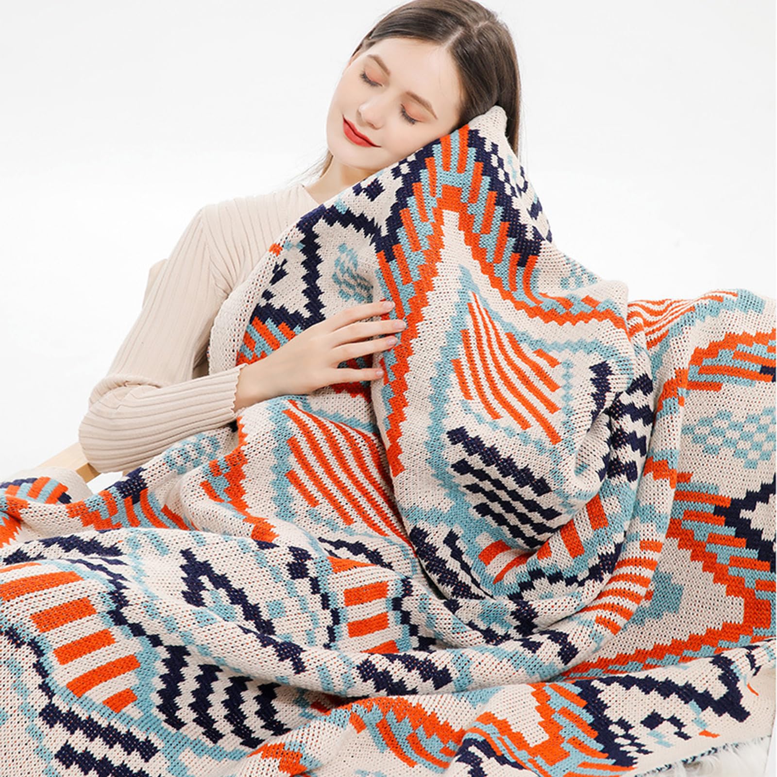 BTFYaHe Boho Chic Knitted Wool Blanket - Versatile Couch and Camping Blanket, Perfect for Fall - Thick Mexican Bohemian Throw-50X60 Inch