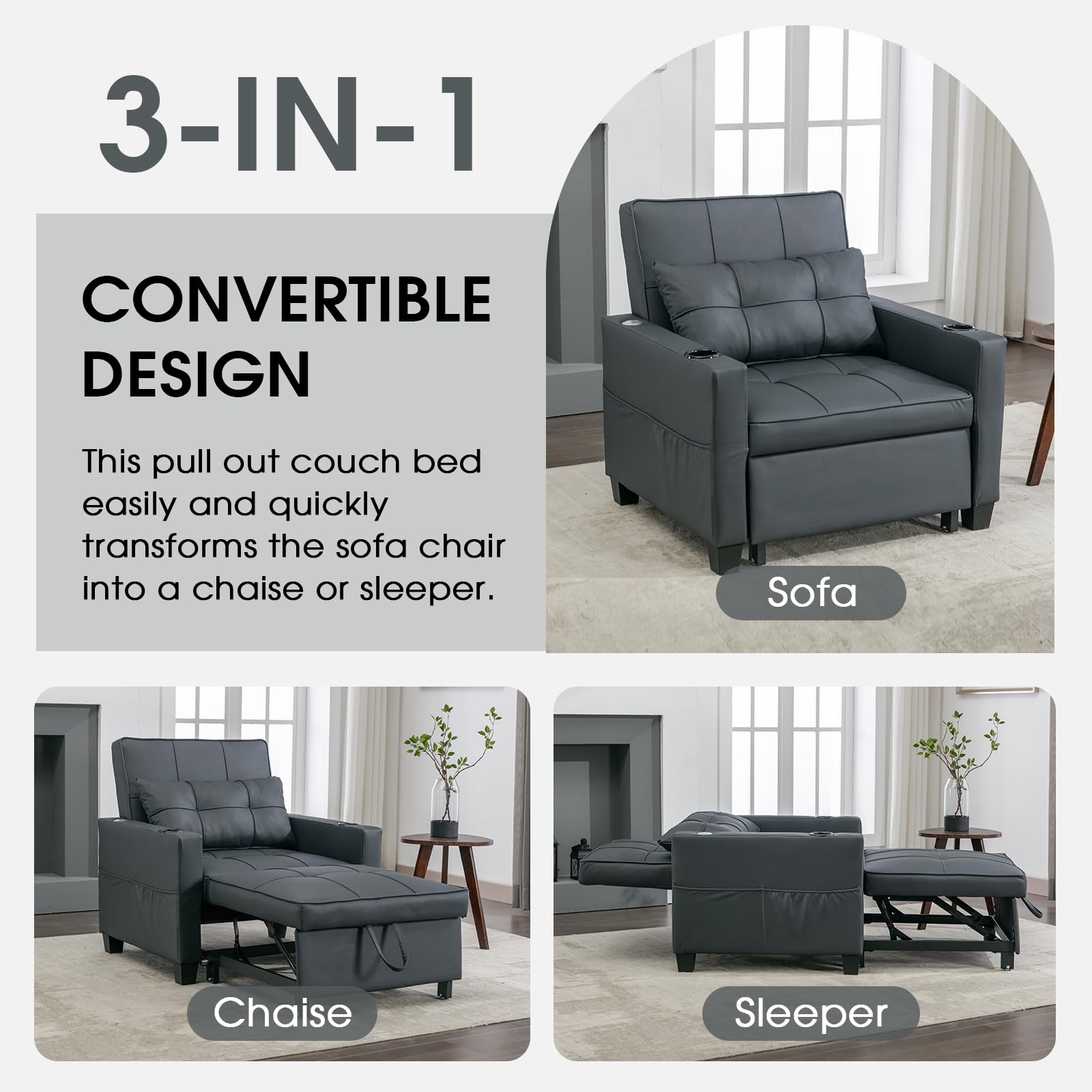 NIOIIKIT Convertible 3-in-1 Pull Out Bed, Leather Upholstered Single Sleeper Sofa Bed with USB Ports, Cup Holders & Side Pockets, Lounge Chaise for Living Room (Light Grey Leather)