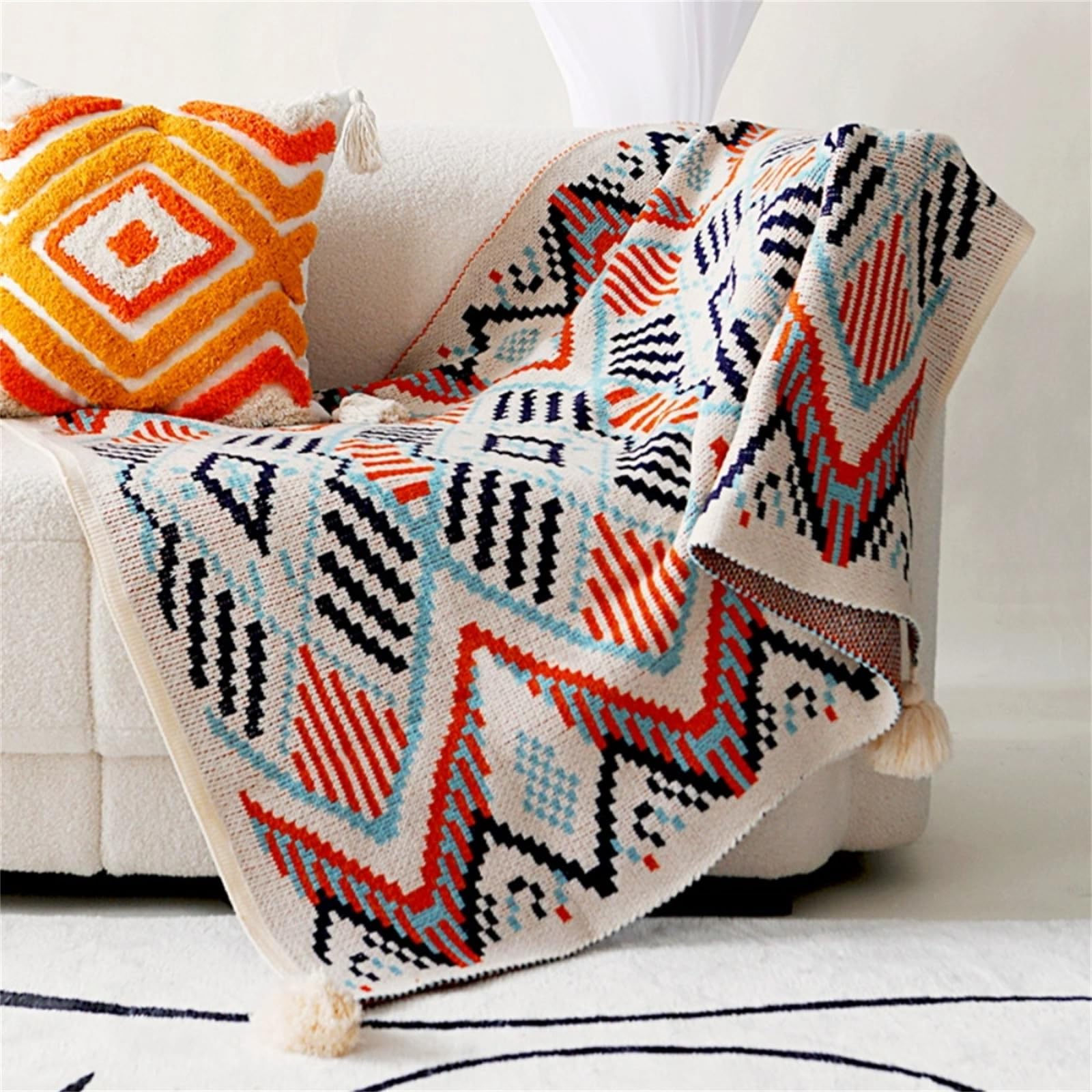 BTFYaHe Boho Chic Knitted Wool Blanket - Versatile Couch and Camping Blanket, Perfect for Fall - Thick Mexican Bohemian Throw-50X60 Inch