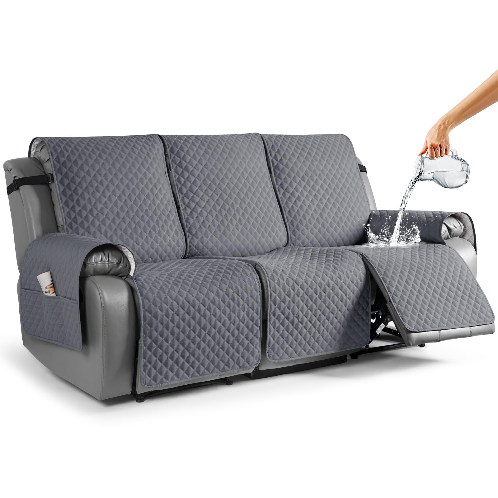 TAOCOCO Anti-Slip Recliner Sofa Cover Couch Covers for Leather Recliner Sofa, Pet Cover for Recliner Sofa, Washable Reclining Furniture Protector with Elastic Straps(3 Seater, Dark Grey)