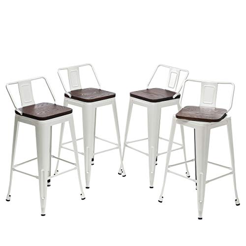 Yongqiang 24" Swivel Metal Bar Stools with Backs Counter Height Barstools Set of 4 Industrial Kitchen Dining Bar Chairs with Wooden Seat White