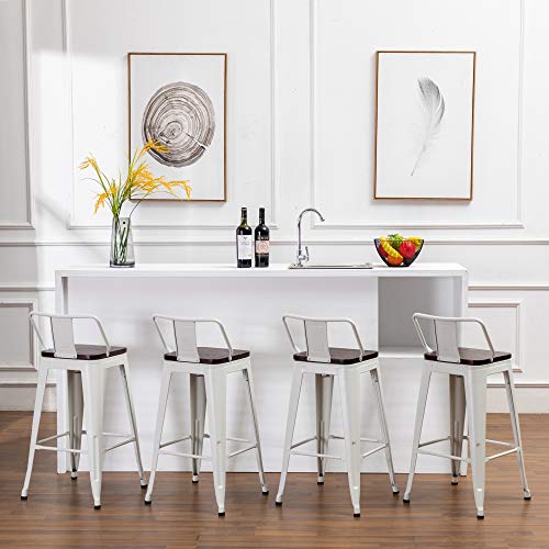Yongqiang 24" Swivel Metal Bar Stools with Backs Counter Height Barstools Set of 4 Industrial Kitchen Dining Bar Chairs with Wooden Seat White