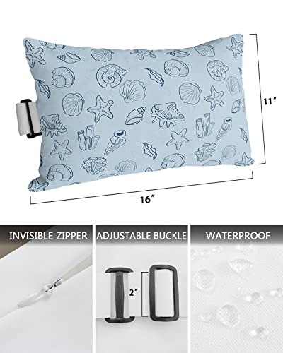 Recliner Head Pillow Ledge Loungers Chair Pillows with Insert Ocean Animals Shells Starfish Graffia Style Blue Background Lumbar Pillow with Adjustable Strap Patio Cushion for Sofa Bench Couch, 2 PCS