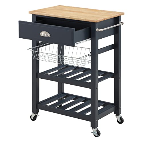 OS Home and Office Furniture Model HMPNW-70 Hampton Kitchen Cart in Blue with Solid Rubberwood Top