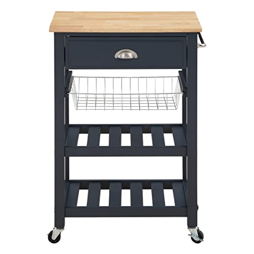 OS Home and Office Furniture Model HMPNW-70 Hampton Kitchen Cart in Blue with Solid Rubberwood Top
