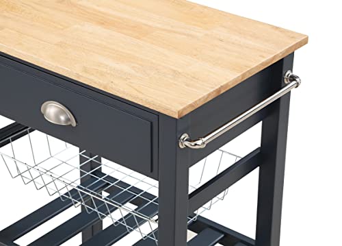 OS Home and Office Furniture Model HMPNW-70 Hampton Kitchen Cart in Blue with Solid Rubberwood Top