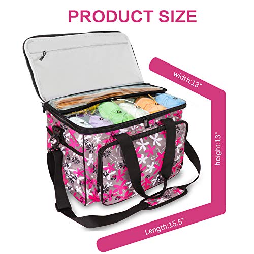 Knitting Bag, Yarn Tote Storage Organizer with Separate Crochet Hooks & Knitting Needles Bag,Slits on Top to Protect Wool and Prevent Tangling Large Flower with Cover