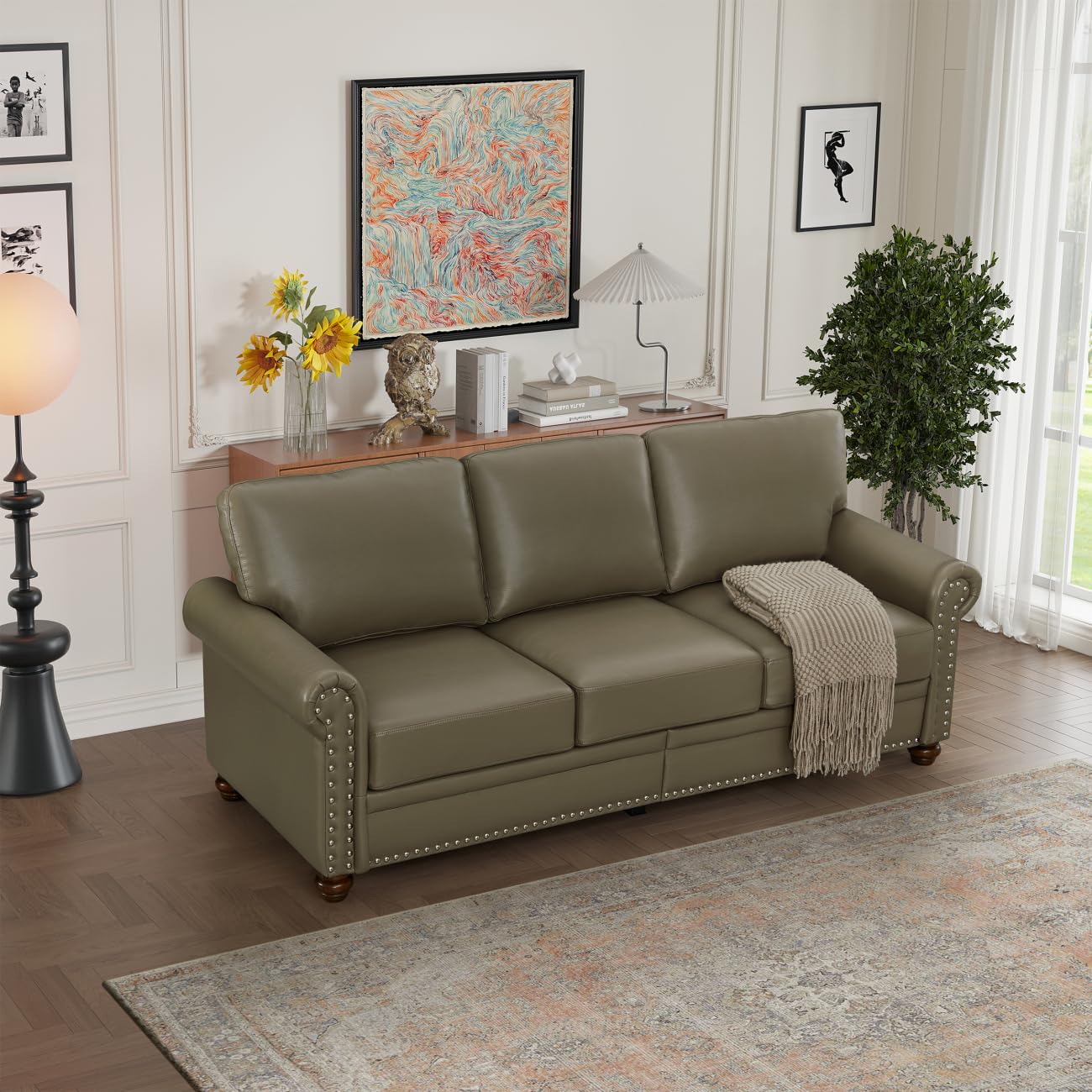 DNChuan Faux PU Leather 3 Seater Sofa Couch with Rubber Wood Legs/Nail-Shape and Removable Storage Boxes for Living Room Apartment Office-Gray