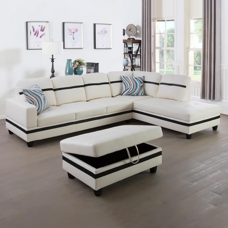 HOMVET L-Shaped Corner 5 Seaters Chaise & Storage Ottoman,Modern Faux Leather Sectional & Sofa Couch with 2 Pillows for Home Office Apartment Living Room Furniture Sets, PU Right, White and Black
