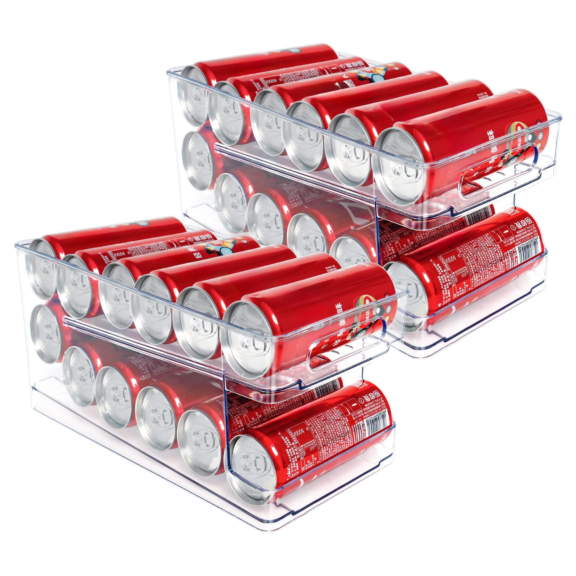 Mano Set of 2 Rolling Soda Can Organizer for Refrigerator, Clear Drink Dispenser for Pop Beer Soda Seltzer Beverage Can Holder, Plastic Fridge Organizer Bins Pantry Storage Rack