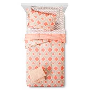 Room Essentials - Global Prints - Limited Edition Dorm Bed 7 Piece Reversible Bed Set with Towels - Size: XL Twin - Color: Coral/Taupe/Gray