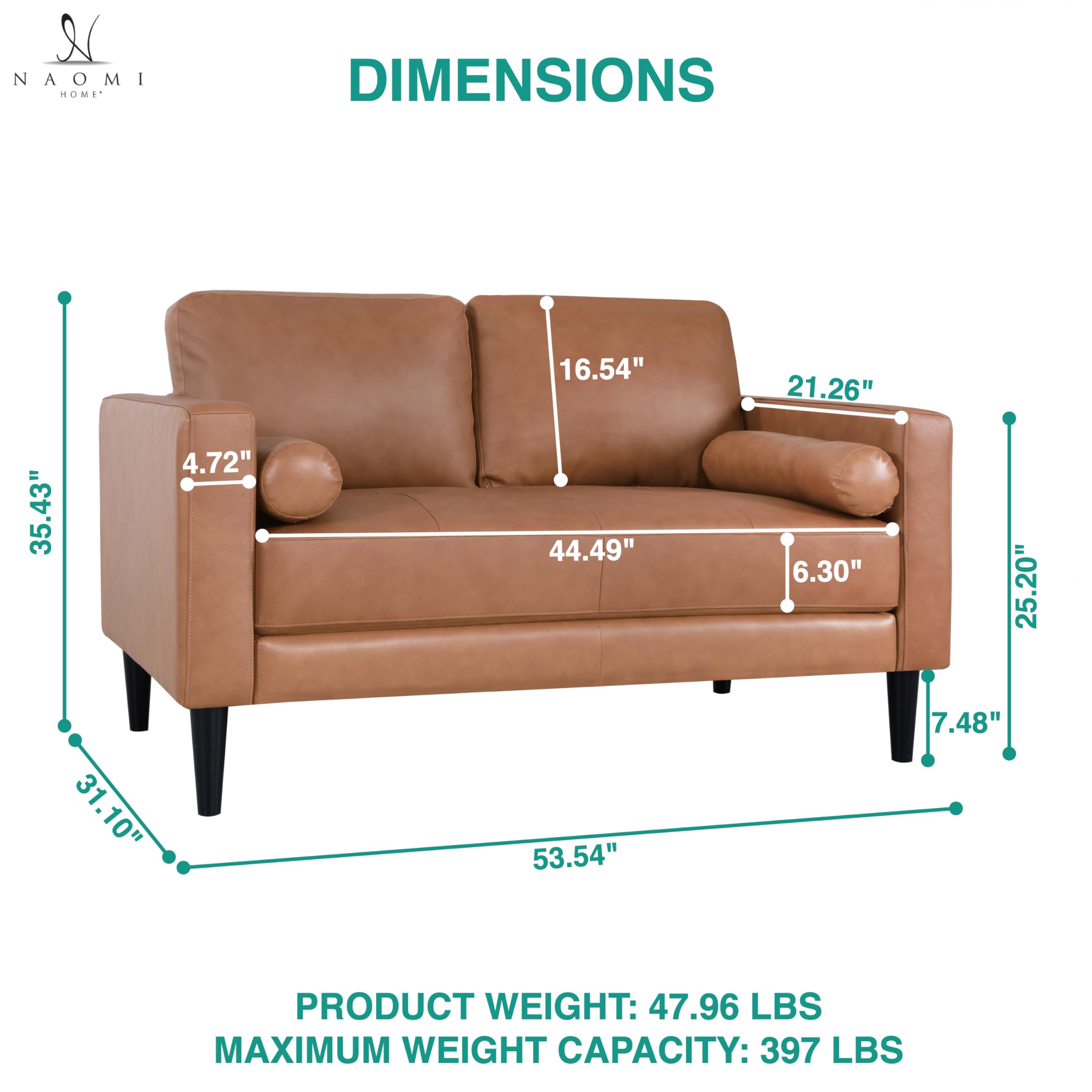 Naomi Home Marisa Genuine Mid-Century Leather Loveseat, Mid-Century Sleeper Loveseat, Tan Leather Couch,for Living Room, Bedroom, and More