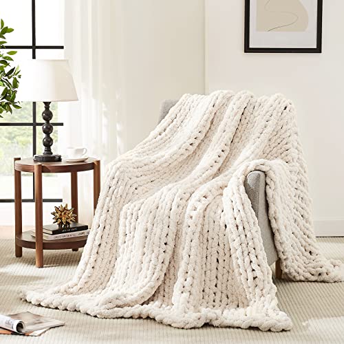 L'AGRATY Chunky Knit Blanket Throw,Soft Chenille Yarn Throw Blanket 40x50,Handmade Thick Cable Knit Crochet Blanket,Large Knit Blanket Chunky Yarn,Rope Knot Throw Blanket for Couch Home Decor