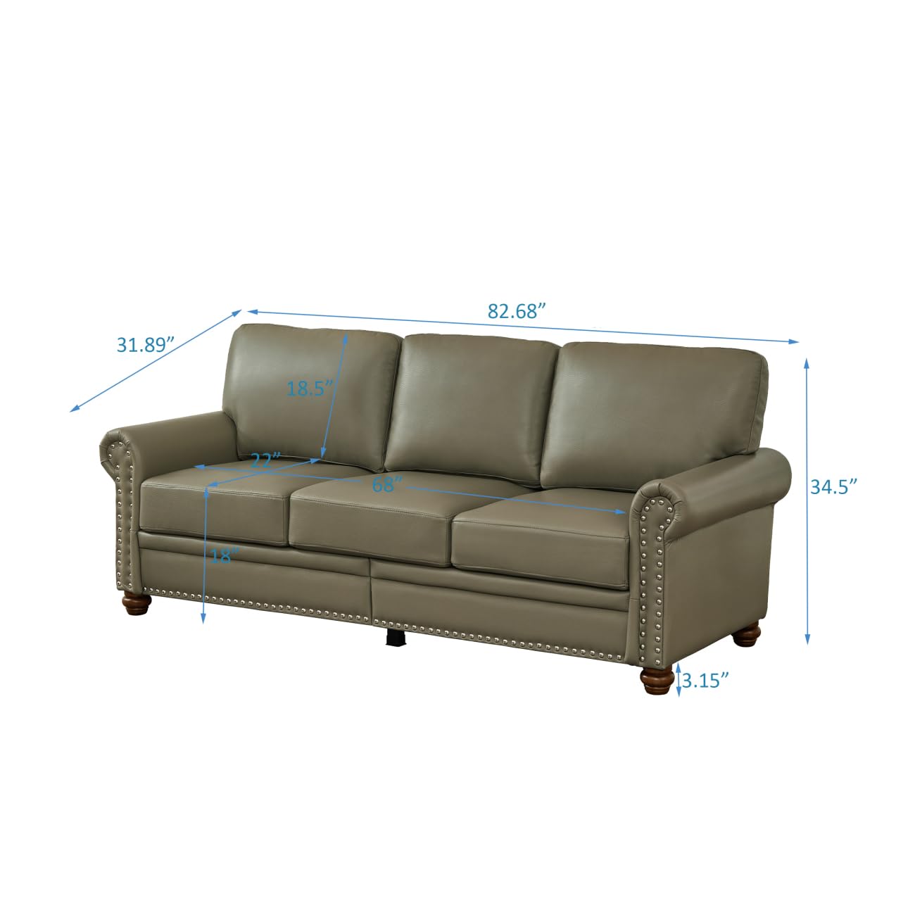 DNChuan Faux PU Leather 3 Seater Sofa Couch with Rubber Wood Legs/Nail-Shape and Removable Storage Boxes for Living Room Apartment Office-Gray