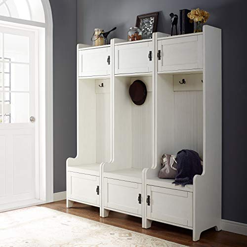 Crosley Furniture Fremont Tower Entryway Hall Tree with Storage (Set of 3), Distressed White