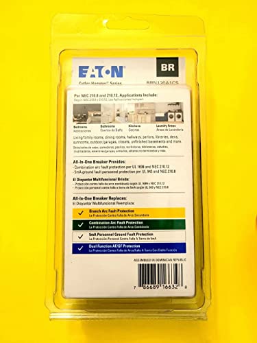 Cutler-Hammer Eaton BRN120A1CS BR 20A 120V 1-Pole Arc Fault/Ground Fault Circuit Breaker, Black