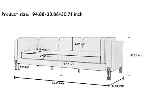 Hommoo Faux Leather Sofa 94" Large 3 Seater Sofa with Removable Cushions Mid Century Modern Couch for Living Room Comfy Couch with Gold Metal Legs Apartment Couch Brown