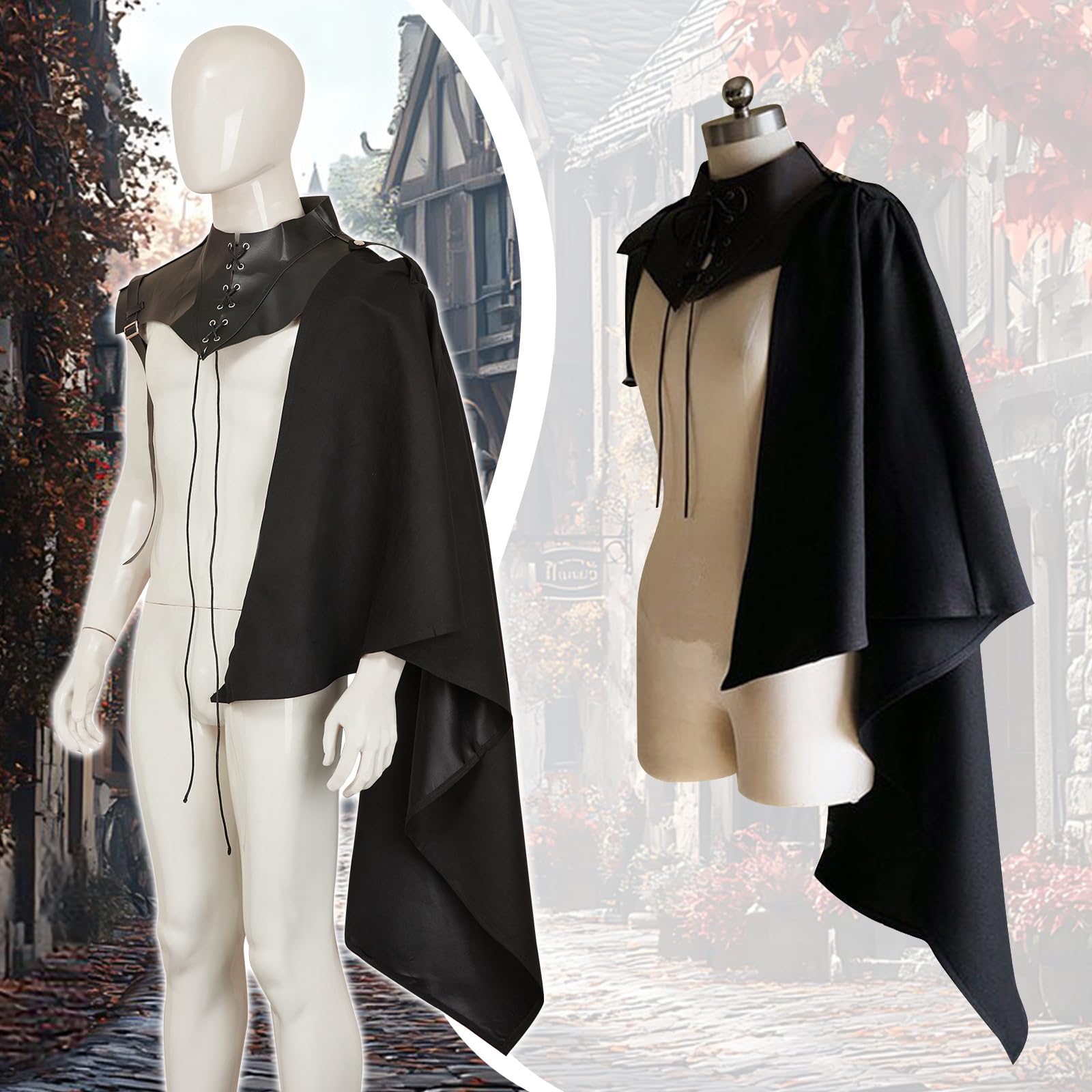 Fuman mens Medieval Shawl Renaissance Half Cape High Texture Lace Up, Black, Medium