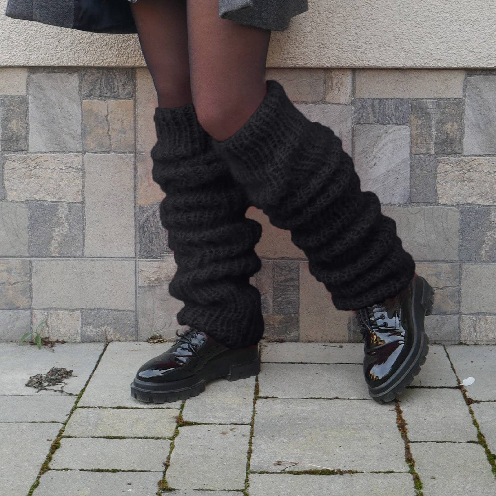 Womens Wool Knit Knee Leg Warmers Y2K Kawaii Thigh High Calf Boot Cuffs Winter Goth Stacked Crochet Loose Tube Long Stocking