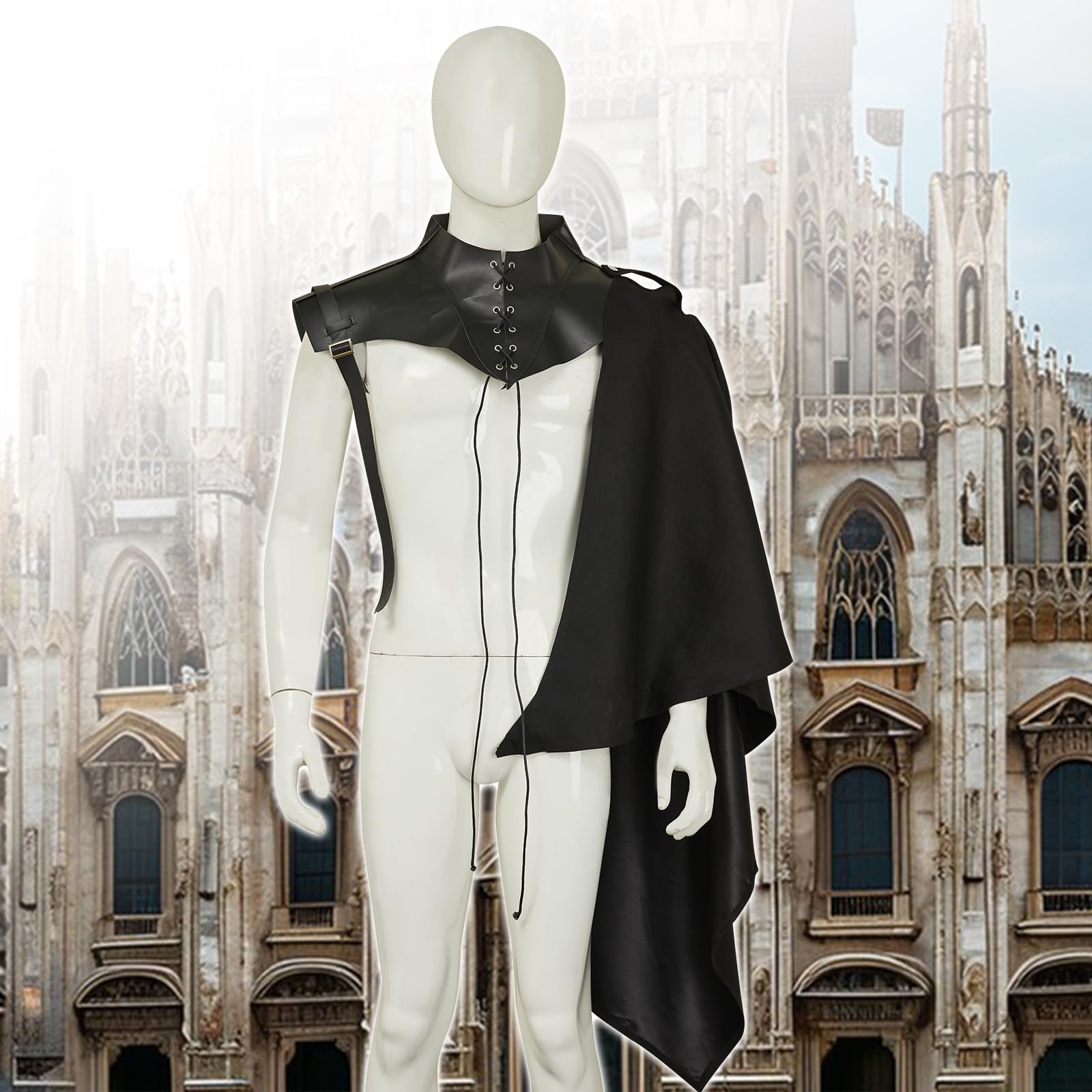 Fuman mens Medieval Shawl Renaissance Half Cape High Texture Lace Up, Black, Medium